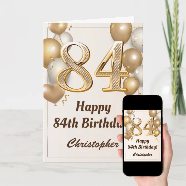 84th Birthday Gold Balloons and Confetti Birthday Card | Zazzle