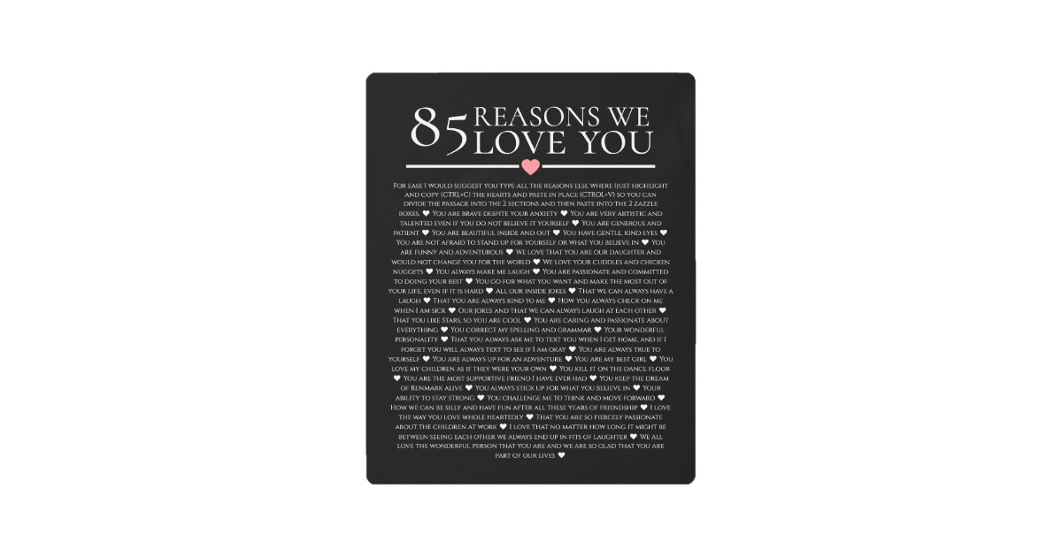 85 reasons why we love you 80th 60th birthday 40th metal print | Zazzle