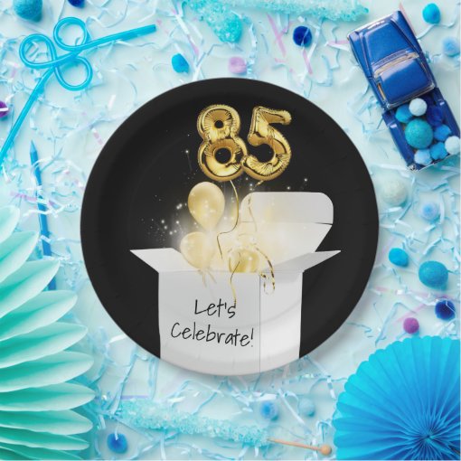 85th Birthday Gold Balloons In White Box Paper Plates | Zazzle
