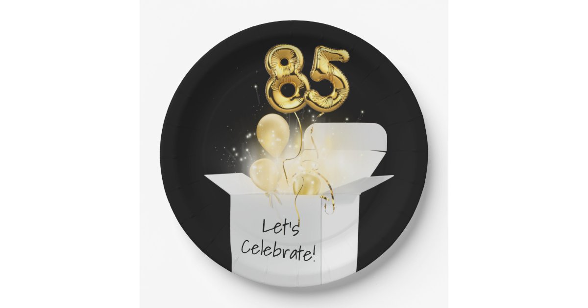 85th Birthday Gold Balloons In White Box Paper Plates | Zazzle