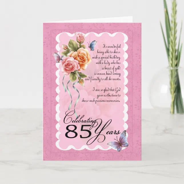 85th birthday greeting card - roses and butterfly | Zazzle