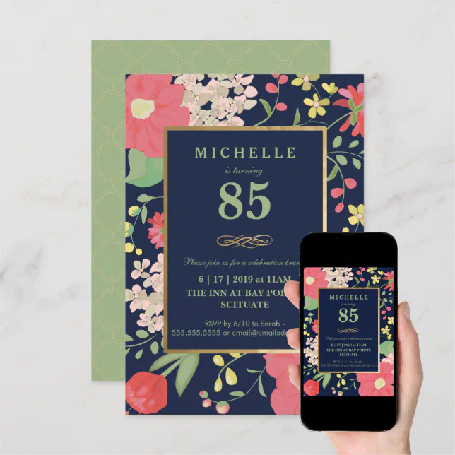 85th Birthday Invitation - Gold, Elegant Floral | Zazzle