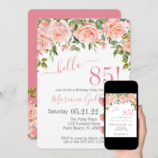 85th Birthday Invitations Pink Floral Modern Party | Zazzle