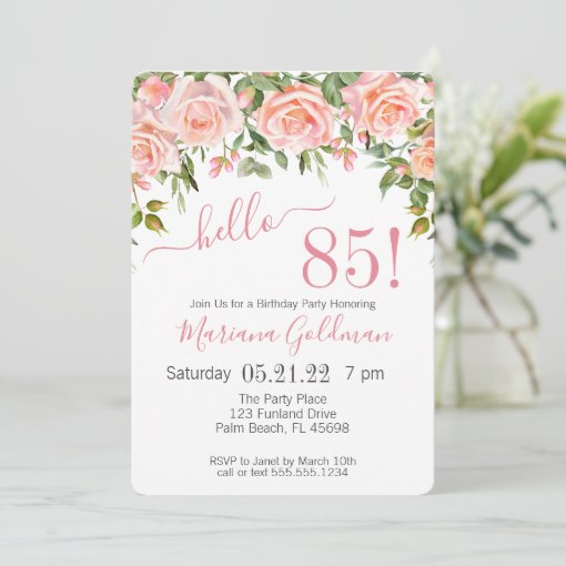 85th Birthday Invitations Pink Floral Modern Party | Zazzle