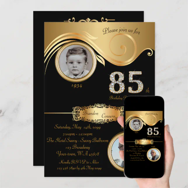 85th,Birthday Man 85th,elegant art deco,black gold Invitation | Zazzle