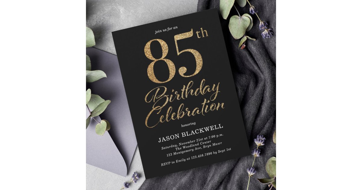 85th Birthday Party Black & Gold Invitation | Zazzle