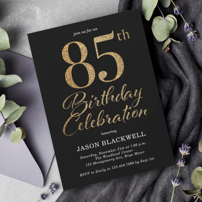 85th Birthday Party Black & Gold Invitation | Zazzle
