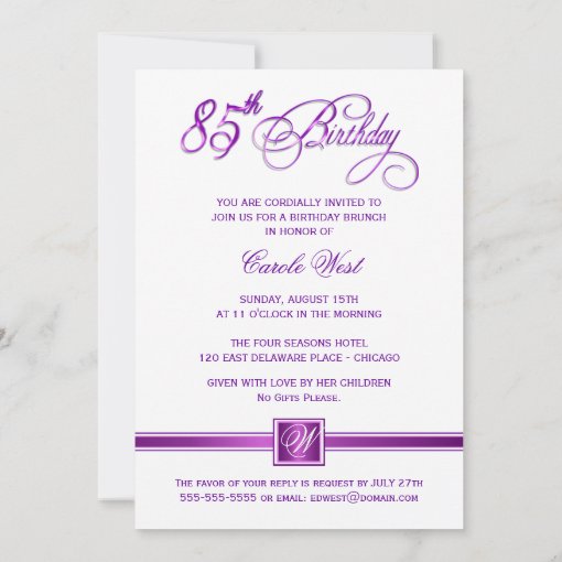 85th Birthday Party Invitations - with Monogram | Zazzle