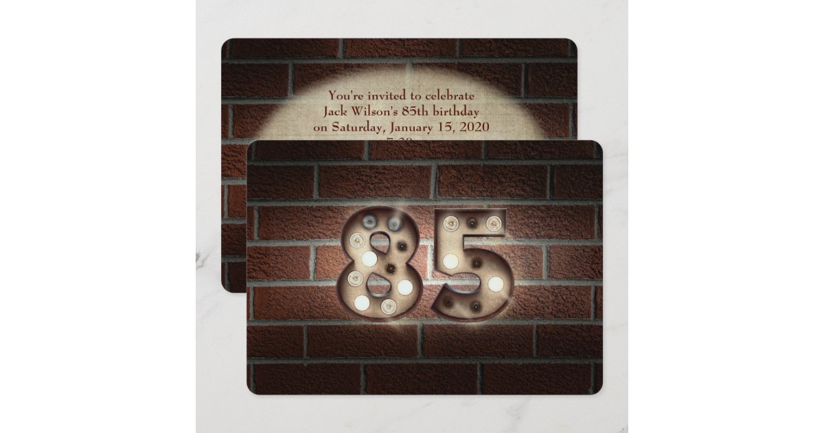 85th Birthday Party-marquee lights on brick Invitation | Zazzle