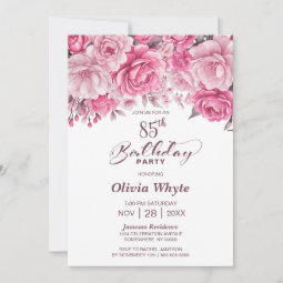 85th Birthday Pink Rose Floral Party Invitation | Zazzle