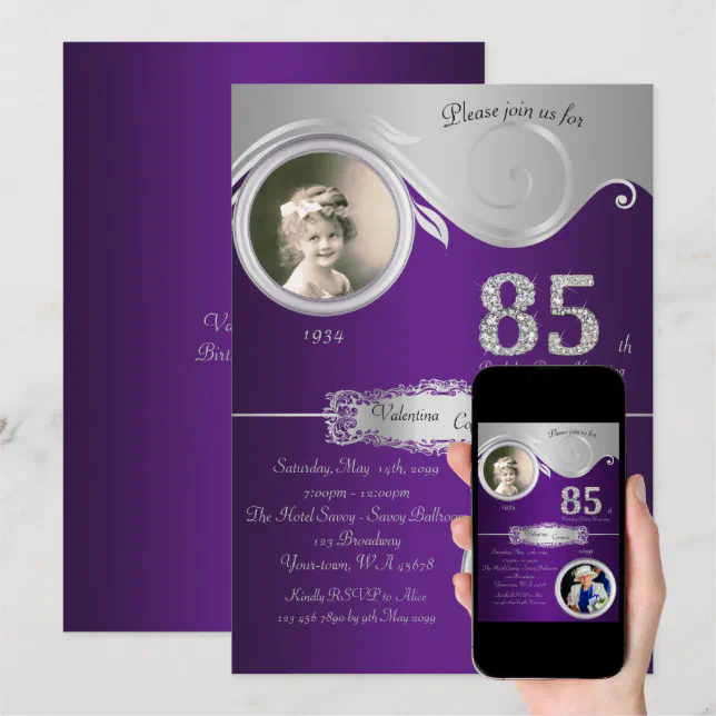 85th,Birthday Woman 85th,elegant art deco,purple V Invitation | Zazzle
