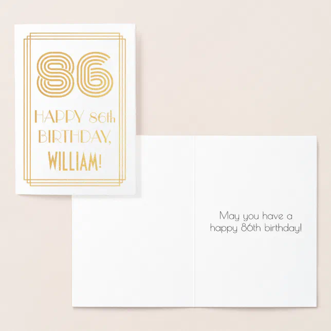 86th Birthday - Art Deco Inspired Look "86" & Name Foil Card | Zazzle