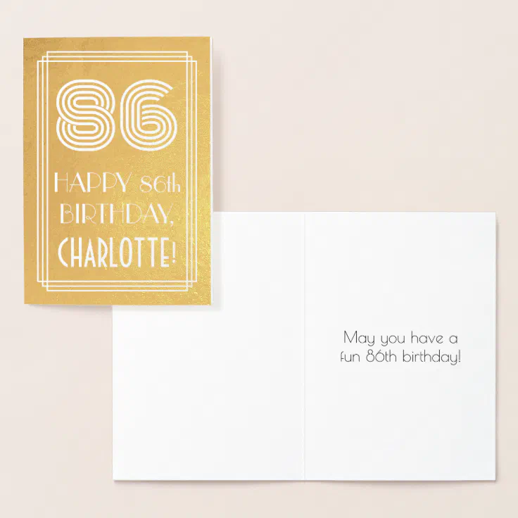86th Birthday – Art Deco Inspired Look "86" + Name Foil Card | Zazzle