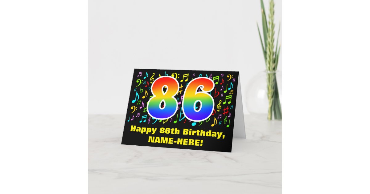 86th Birthday: Colorful Music Symbols & Rainbow 86 Card | Zazzle