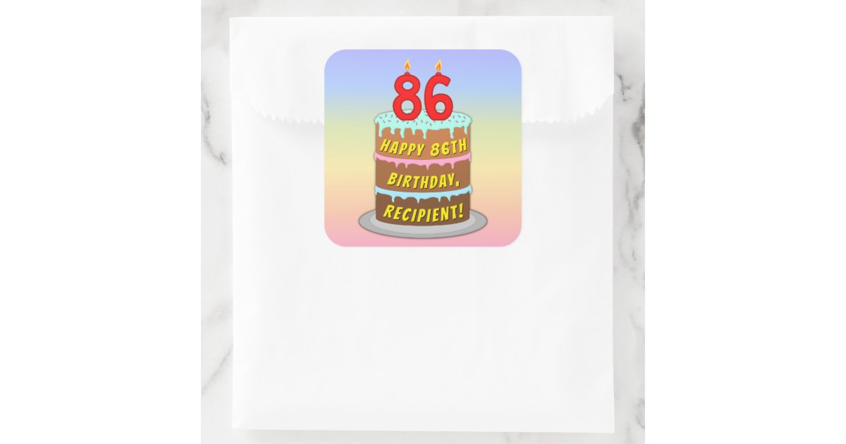86th Birthday: Fun Cake and Candles + Custom Name Square Sticker | Zazzle