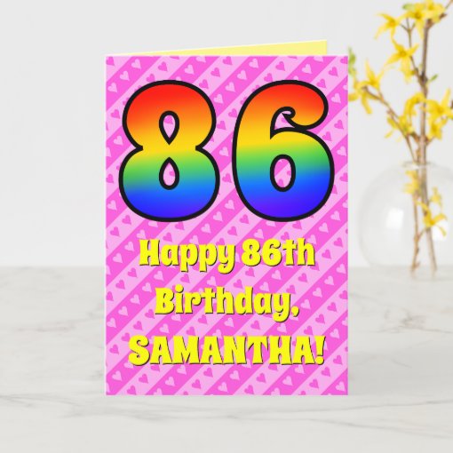 86th Birthday: Pink Stripes & Hearts, Rainbow # 86 Card | Zazzle