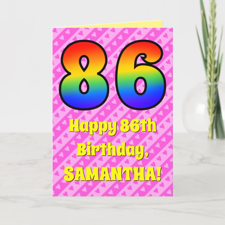 86th Birthday: Pink Stripes & Hearts, Rainbow # 86 Card | Zazzle