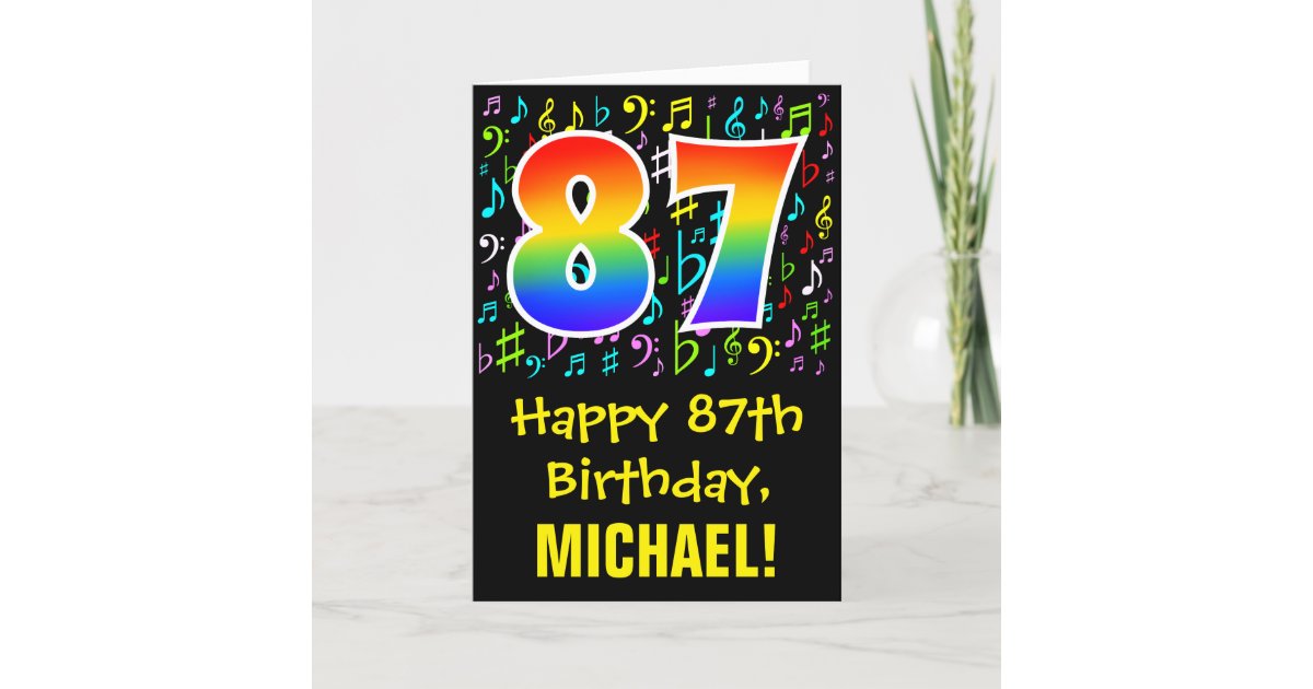 87th Birthday: Colorful Music Symbols + Rainbow 87 Card | Zazzle
