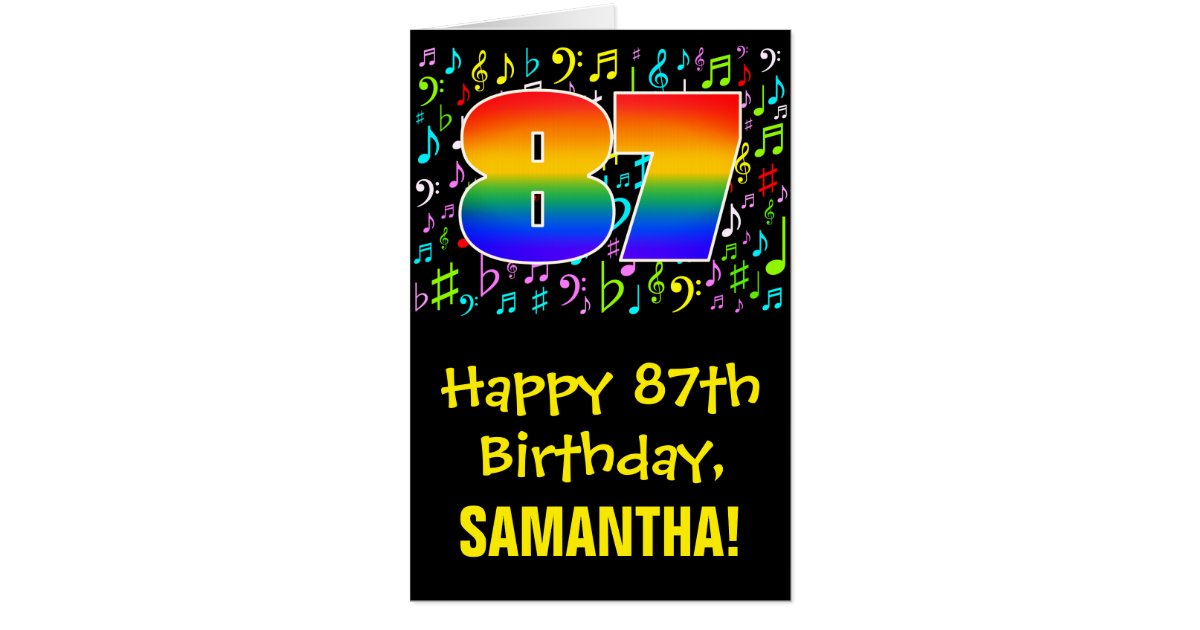 87th Birthday: Fun Music Symbols + Rainbow # 87 Card | Zazzle