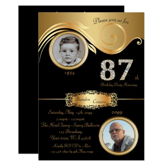 87th Birthday Man 87th Elegant Art Deco Black Gold Invitation