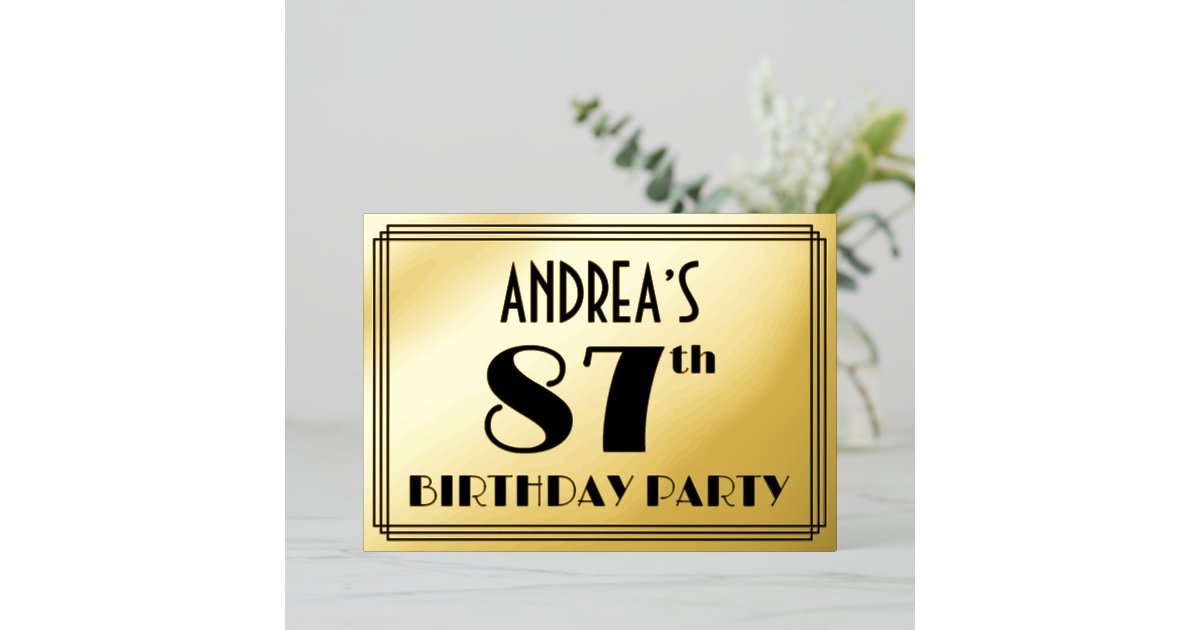 87th Birthday Party — Art Deco Look “87” + Name Foil Invitation | Zazzle