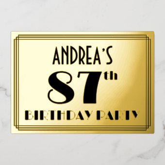 87th Birthday Party — Art Deco Look “87” + Name Foil Invitation | Zazzle