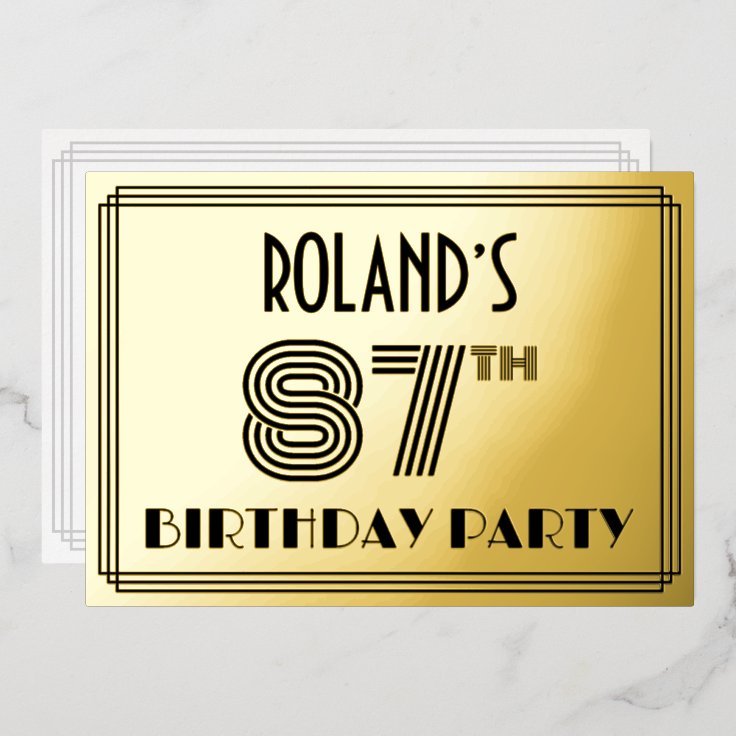 87th Birthday Party — Art Deco Style “87” & Name Foil Invitation | Zazzle