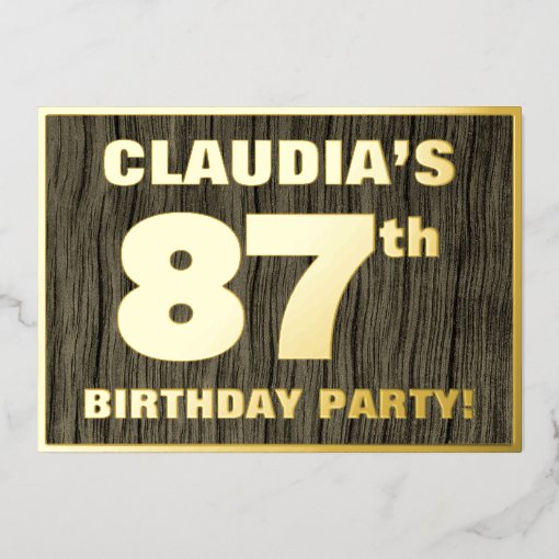 87th Birthday Party: Bold, Faux Wood Grain Pattern Foil Invitation | Zazzle