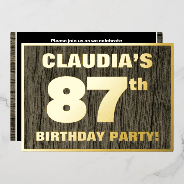 87th Birthday Party: Bold, Faux Wood Grain Pattern Foil Invitation | Zazzle