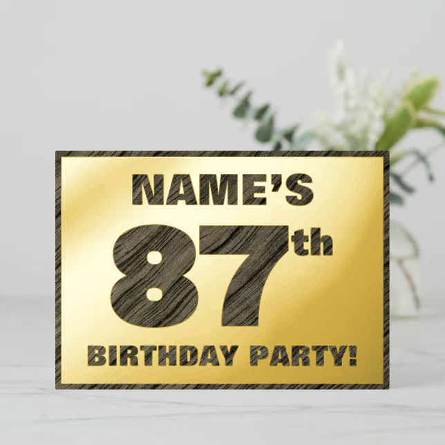 87th Birthday Party — Bold, Faux Wood Grain Text Foil Invitation | Zazzle