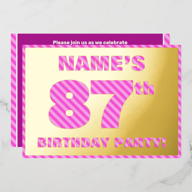 87th Birthday Party — Bold, Fun, Pink Stripes # 87 Foil Invitation | Zazzle