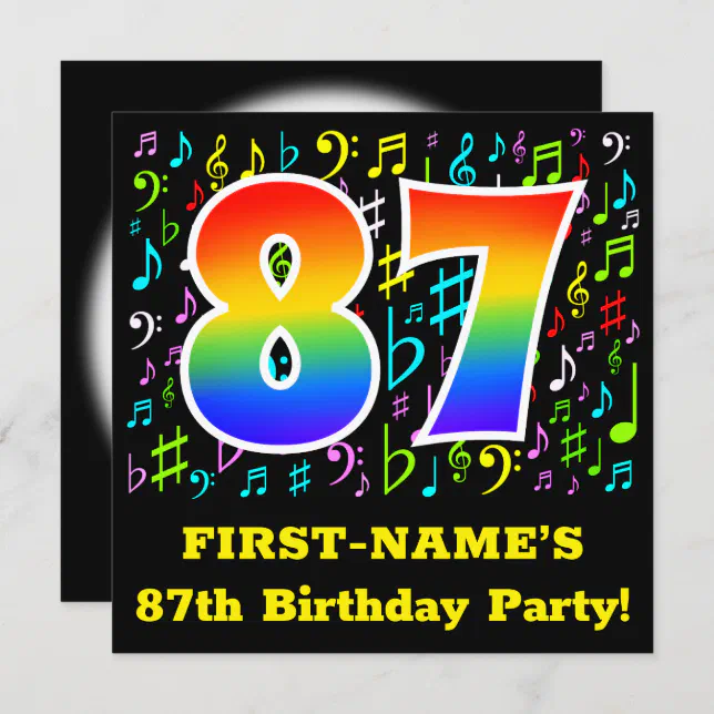 87th Birthday Party: Fun Music Symbols, Rainbow 87 Invitation | Zazzle