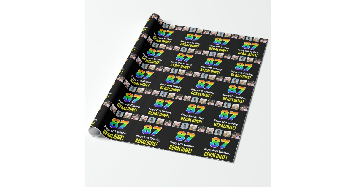87th Birthday: Rainbow “87“; Custom Photos & Name Wrapping Paper | Zazzle