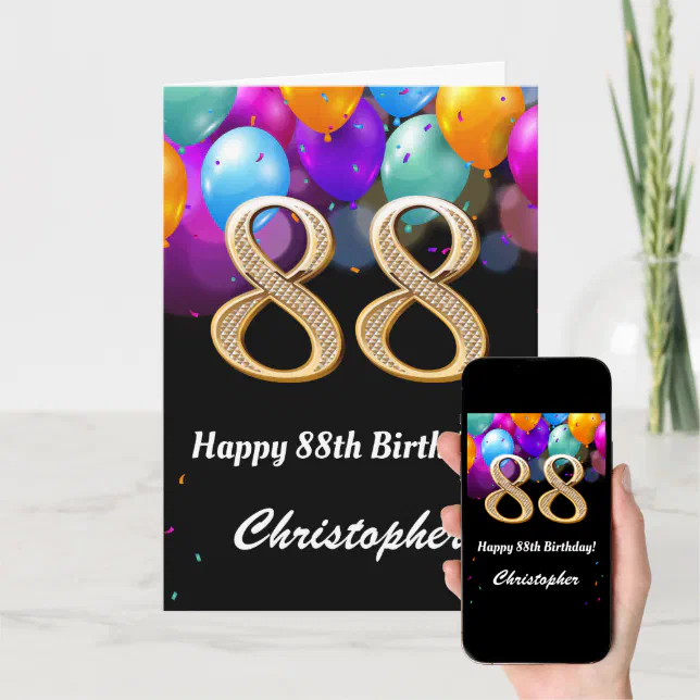 88th Birthday Black and Gold Colorful Balloons Card | Zazzle