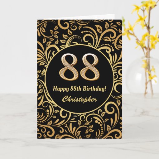 88th Birthday Black and Gold Floral Pattern Card | Zazzle