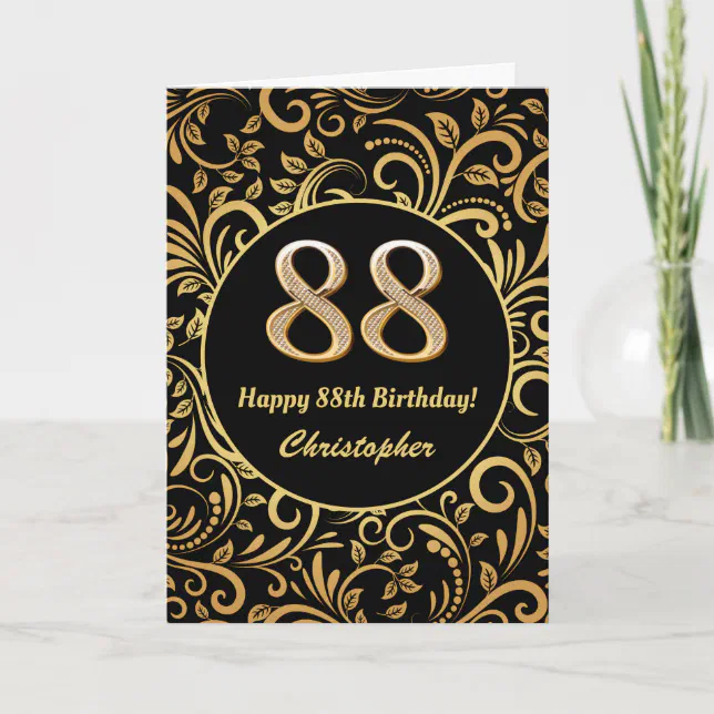 88th Birthday Black and Gold Floral Pattern Card | Zazzle