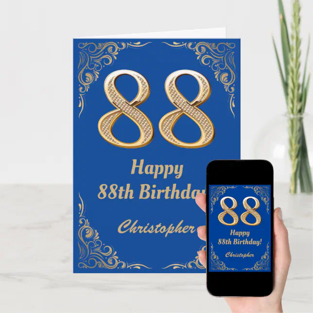 88th Birthday Blue and Gold Glitter Frame Card | Zazzle