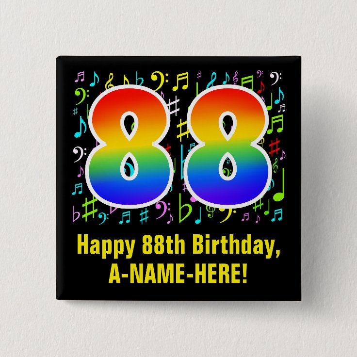 88th Birthday: Colorful Music Symbols, Rainbow 88 Button | Zazzle