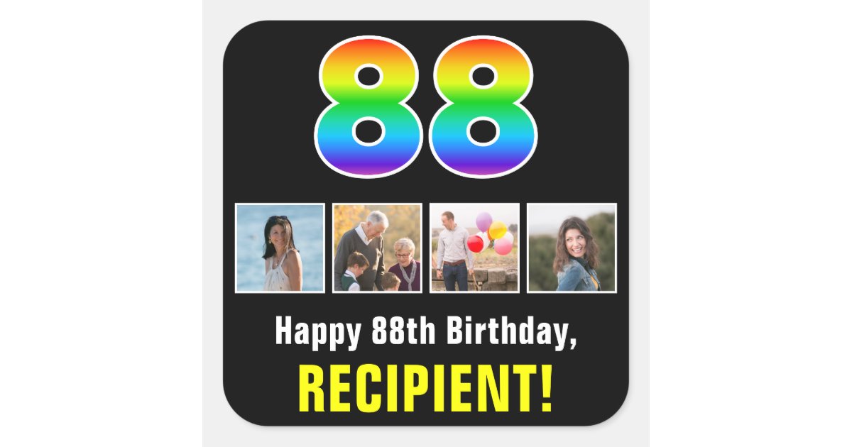 88th Birthday: Rainbow “88”; Custom Photos & Name Square Sticker | Zazzle