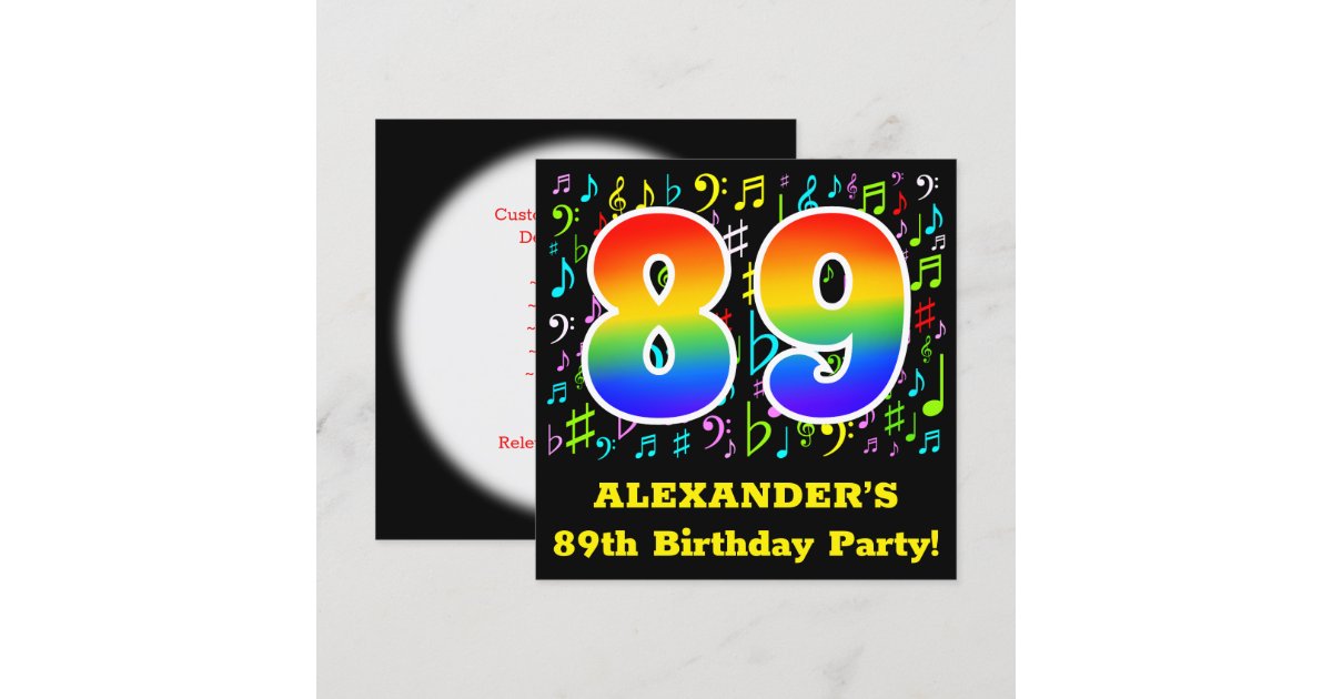 89th Birthday Party: Fun Music Symbols, Rainbow 89 Invitation | Zazzle