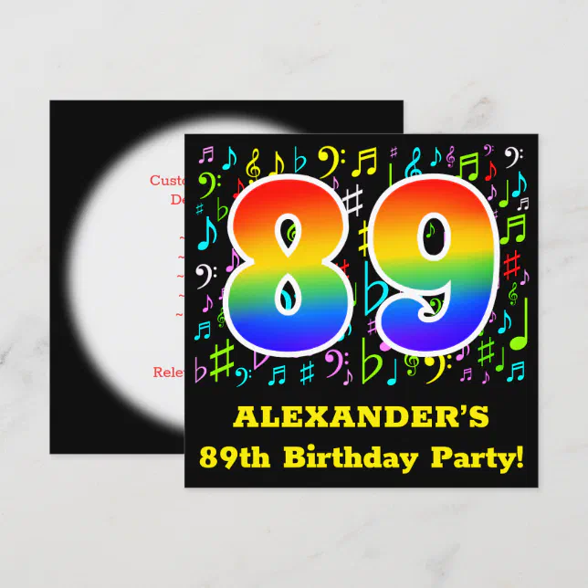 89th Birthday Party: Fun Music Symbols, Rainbow 89 Invitation | Zazzle