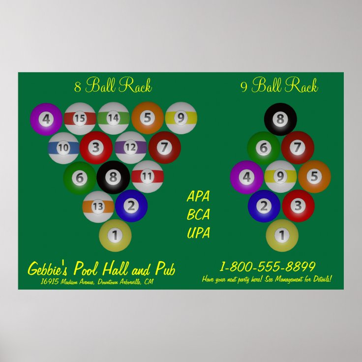 8 Ball 9 Ball Rack Billiard Hall Poster | Zazzle