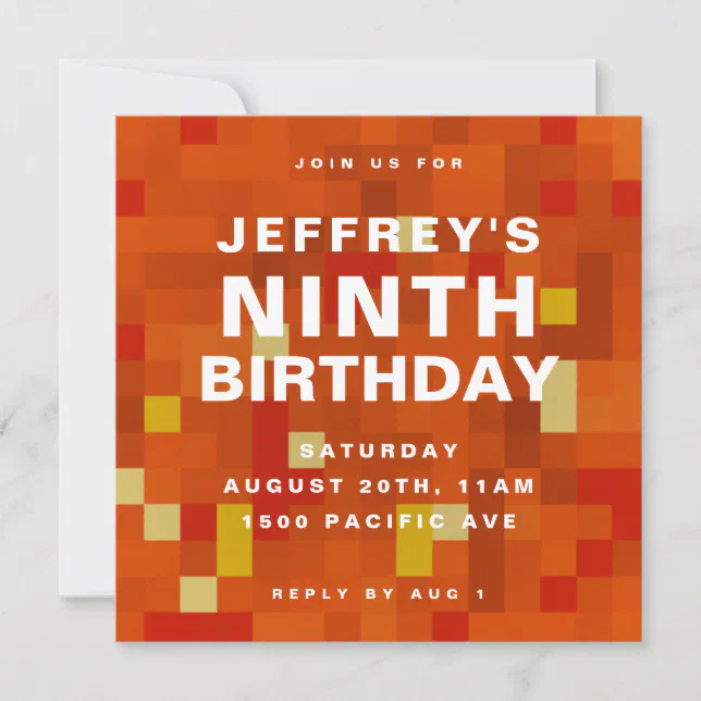 8 Bit Block Orange Kids Birthday Party Invitation | Zazzle