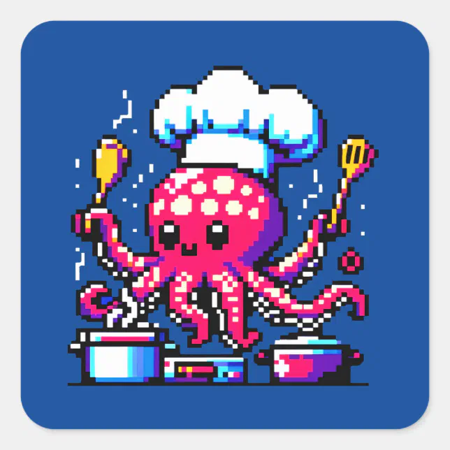 8-Bit Chef Octopus: Retro Kitchen Artistry Square Sticker | Zazzle