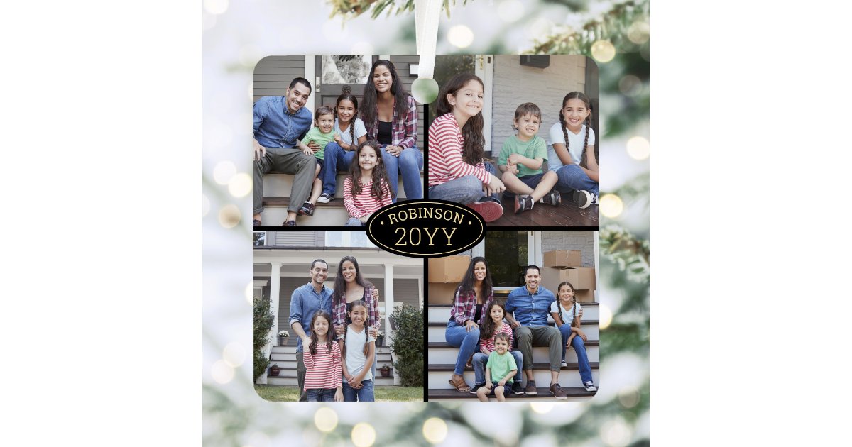 8 Photo Collage Family Name Elegant Black and Gold Metal Ornament | Zazzle