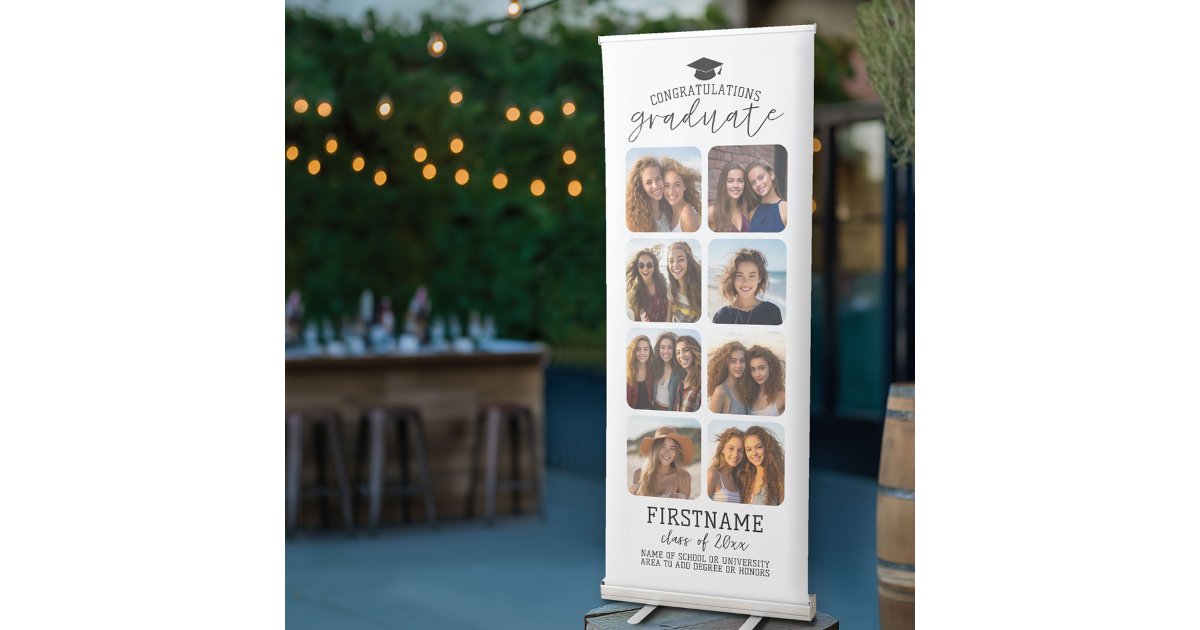 8 Photo Collage Graduation Modern Minimal White Retractable Banner | Zazzle