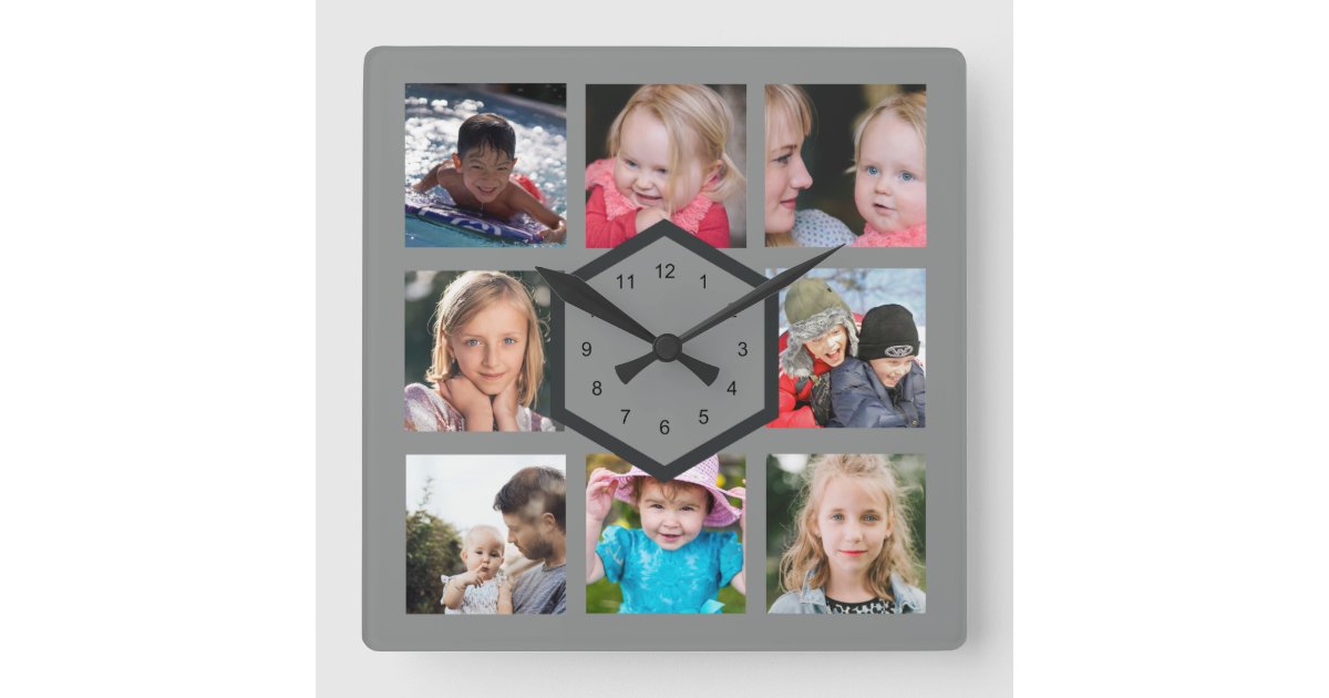 8 Photo Collage Gray Square Wall Clock | Zazzle