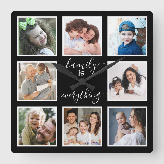 8 Photo Frame Family Is Everything Quote Black Square Wall Clock | Zazzle