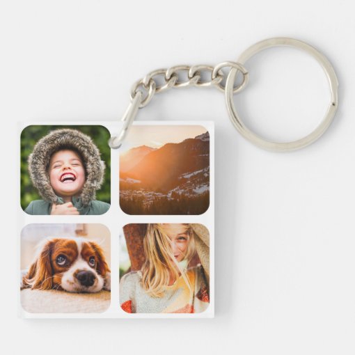 8 Photo Template Double Sided Grid Rounded White Keychain | Zazzle