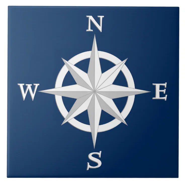 8-Point Compass Rose, White and Navy Blue Ceramic Tile | Zazzle